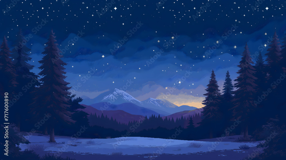 starry night over mountain forest in pixel art style, pixel art ...