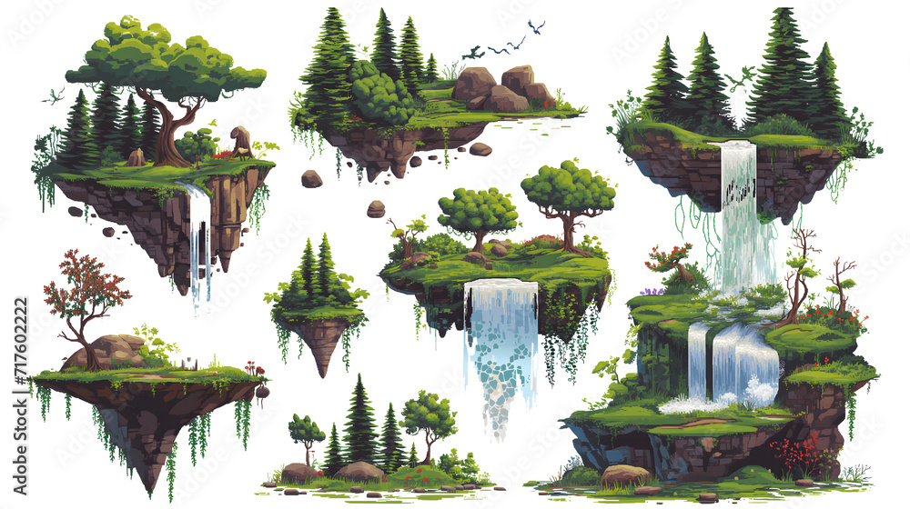 floating island with waterfall in pixel art game style, isolated on ...