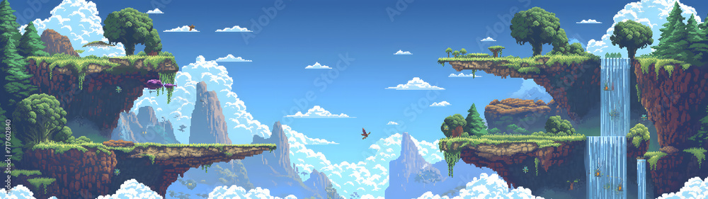 meadow hill terrain with waterfall in blue sky in pixel art game style ...