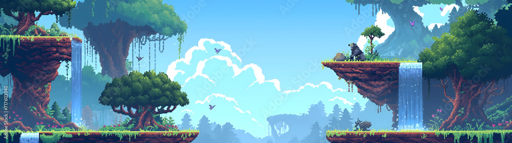 meadow hill terrain with waterfall in blue sky in pixel art game style ...