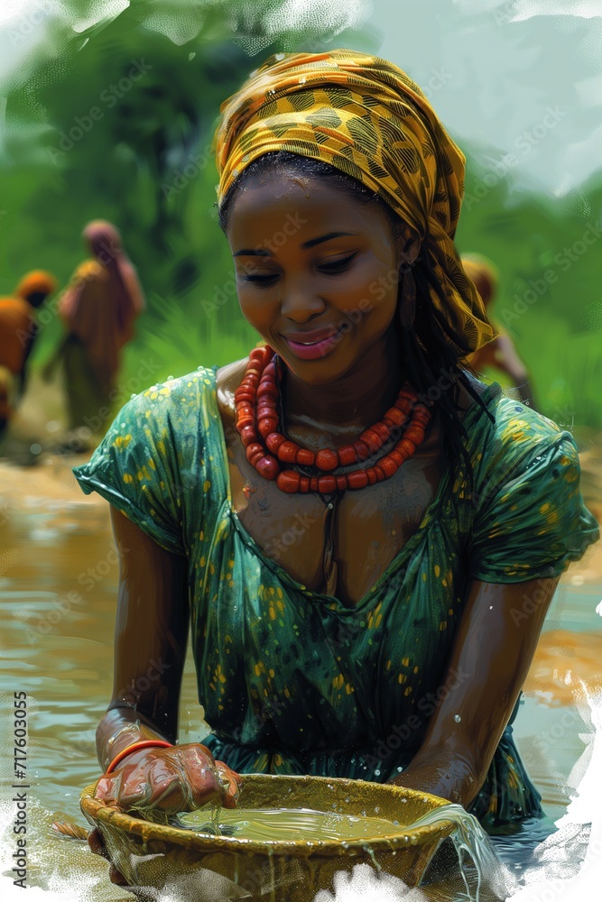 African lady in a green traditional outfit including red beads on her ...