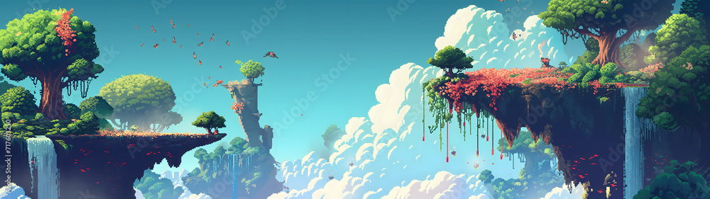 meadow hill terrain with waterfall in blue sky in pixel art game style ...
