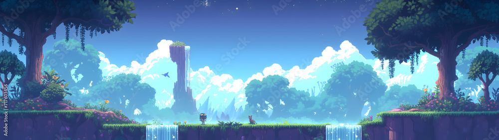meadow hill terrain with waterfall in blue sky in pixel art game style ...