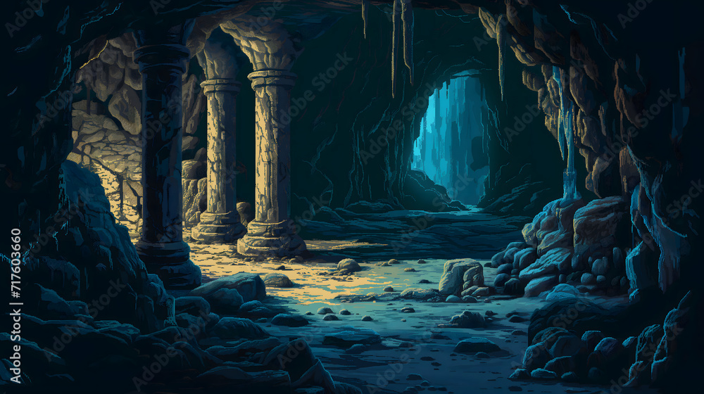 Ancient cave with entrance below the surface in pixel art style, pixel ...