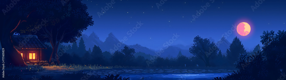 cabin in the forest at night with moonlight, pixel art background, rpg ...