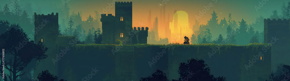 sunset over ancient castle ruins in pixel art style, pixel art ...