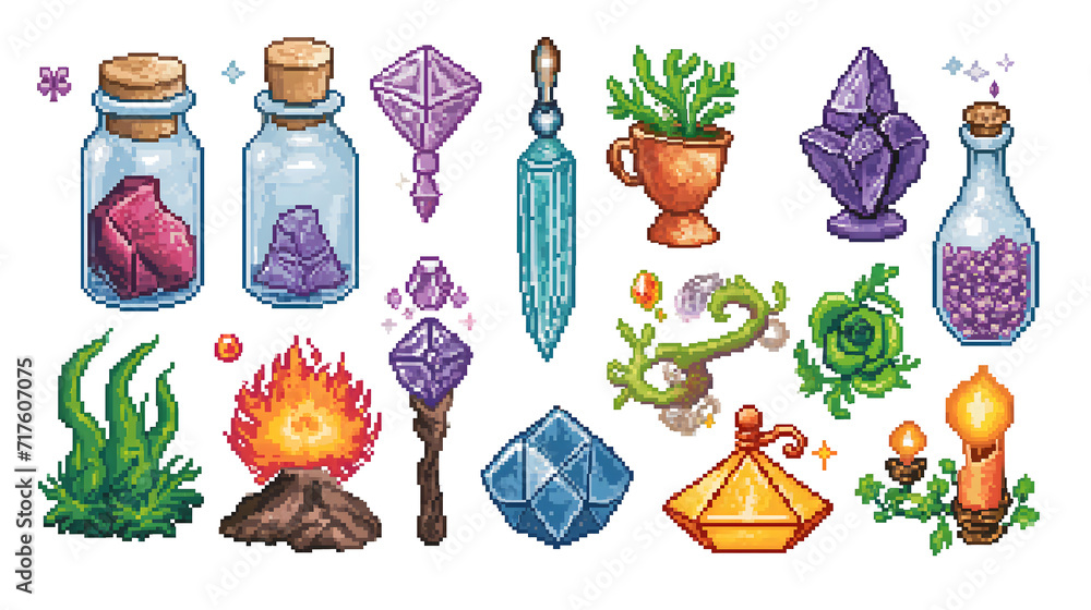 collection of magic potions and crystals, pixel art in-game ...