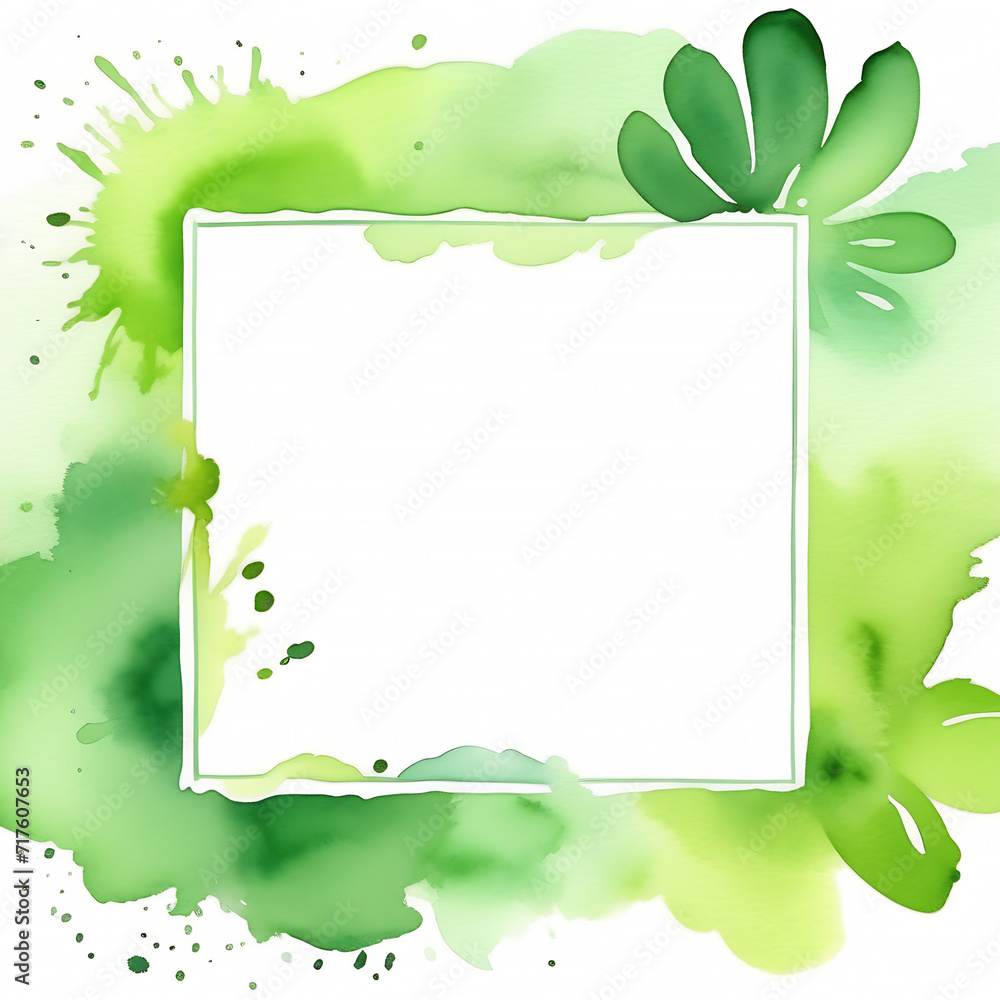 Green square shape watercolor spring frame. Gradient board with bright ...