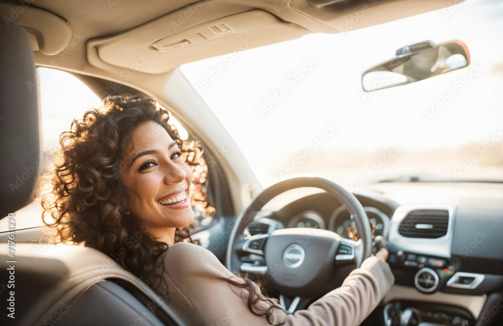 Young latino hispanic business woman driving car, smiley face. Business ...