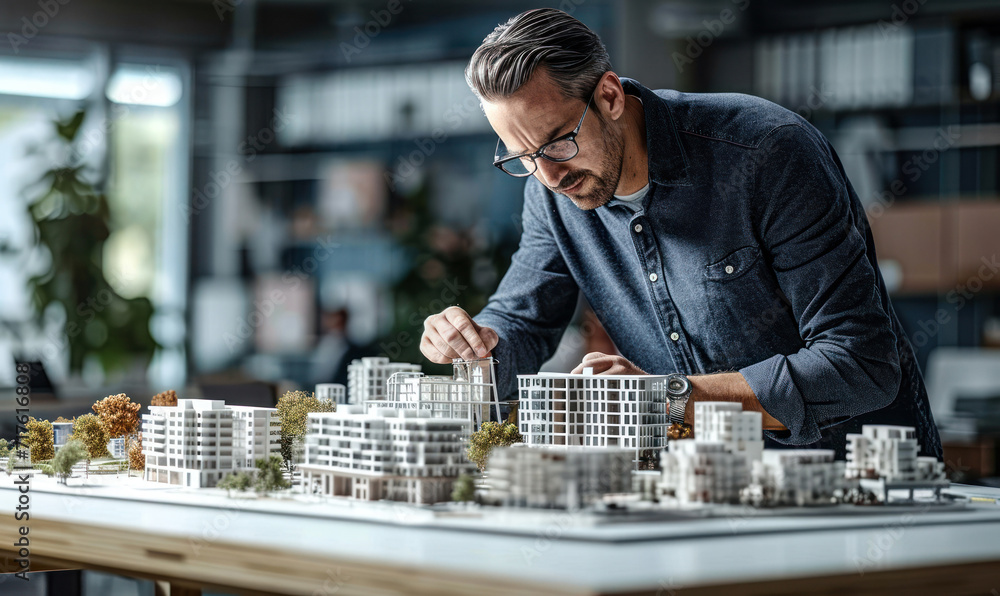 Focused Architect Reviewing a Detailed Architectural Model of Urban ...