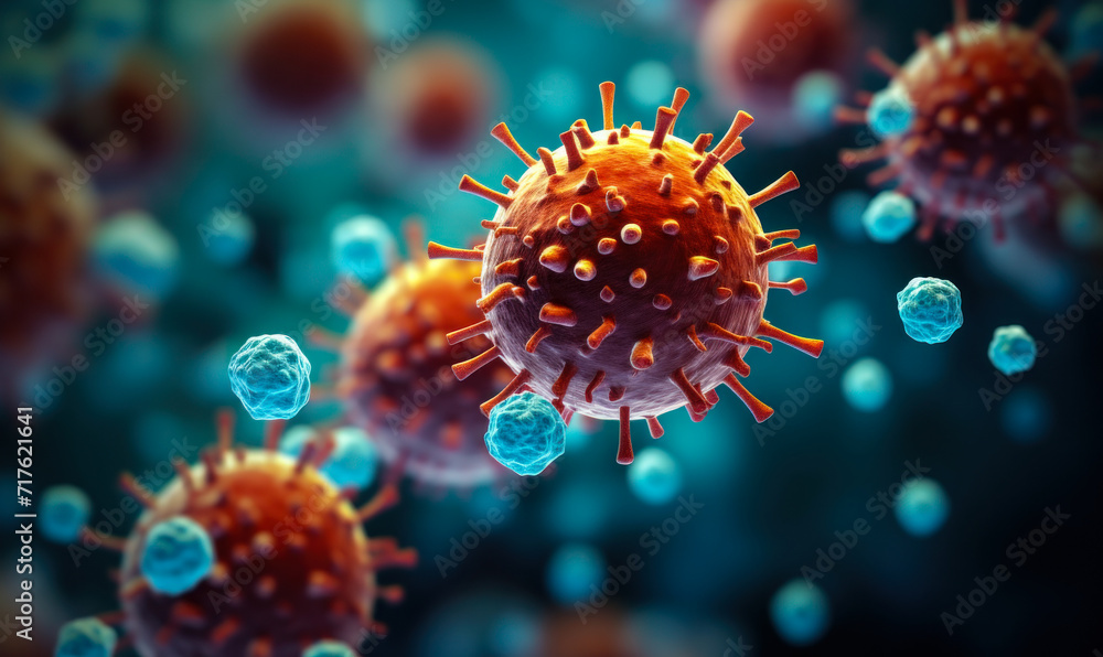 Microscopic magnification revealing bacteria and virus cells, a ...