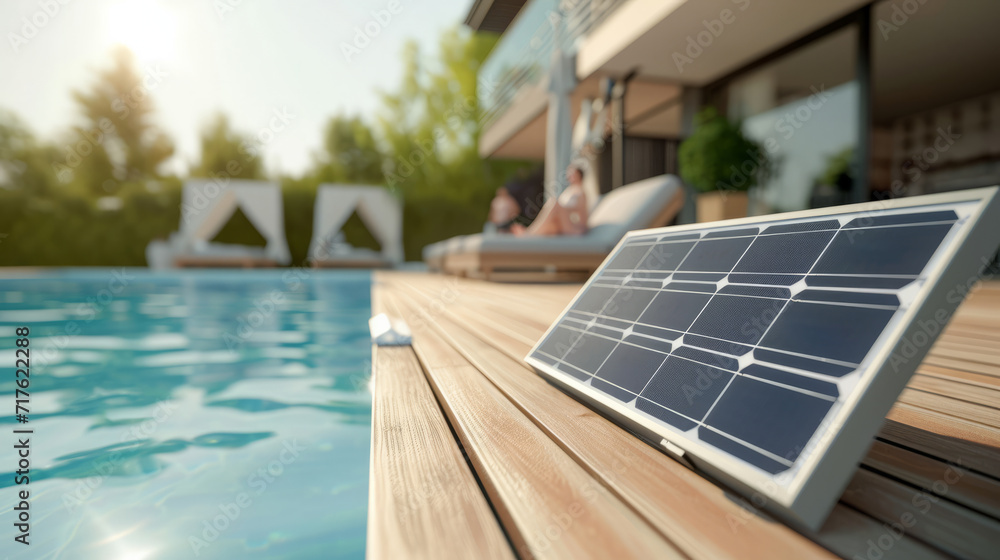 Modern solar powered swimming pool pump with visible solar panels and ...