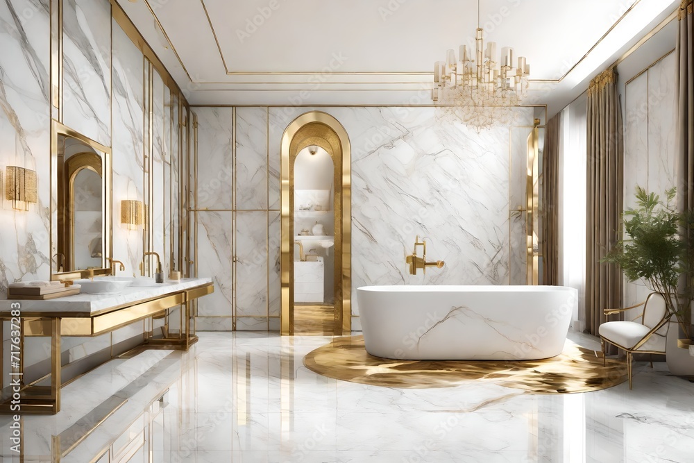 Middle-Eastern bathroom with clean lines, marble surfaces, and subtle ...