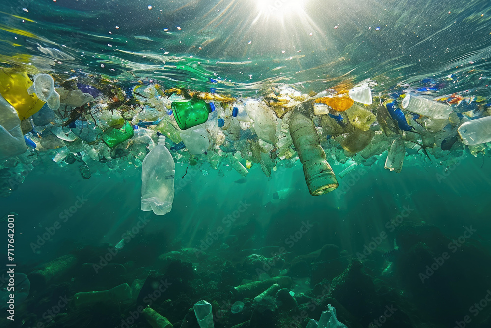 Plastic water bottles and bags floating in ocean landscape, spilled ...