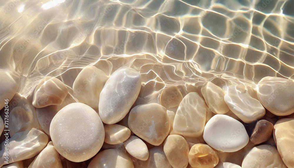 Top View of Smooth White Pebble Stones Beneath Transparent Water with ...