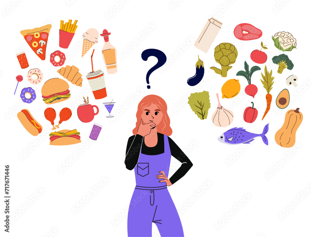 The girl compares healthy and unhealthy food. Balanced nutrition and ...