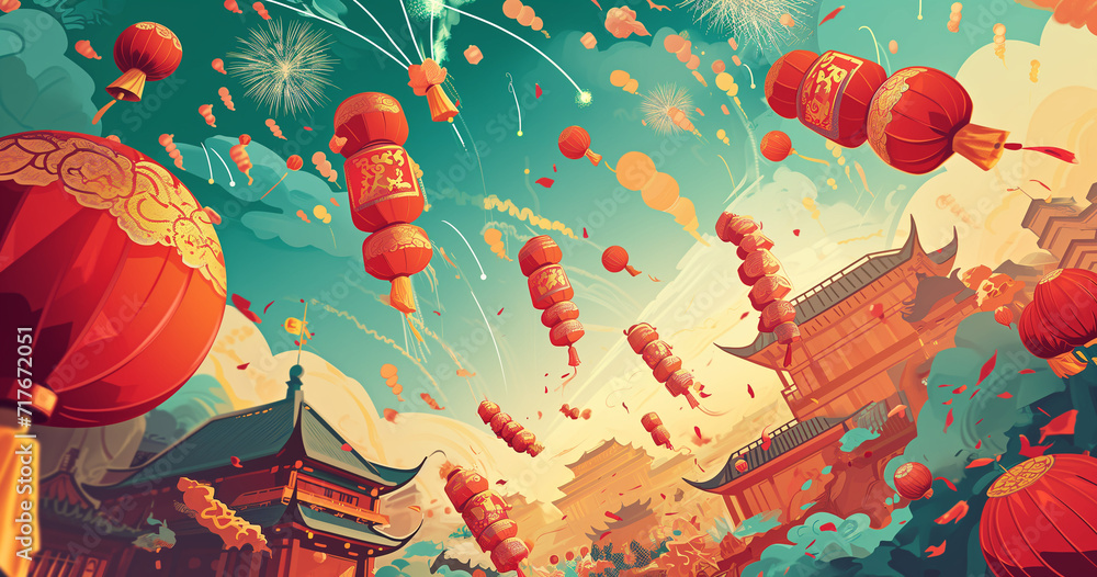 Lively Chinese New Year scene depicted in an illustration showcasing ...