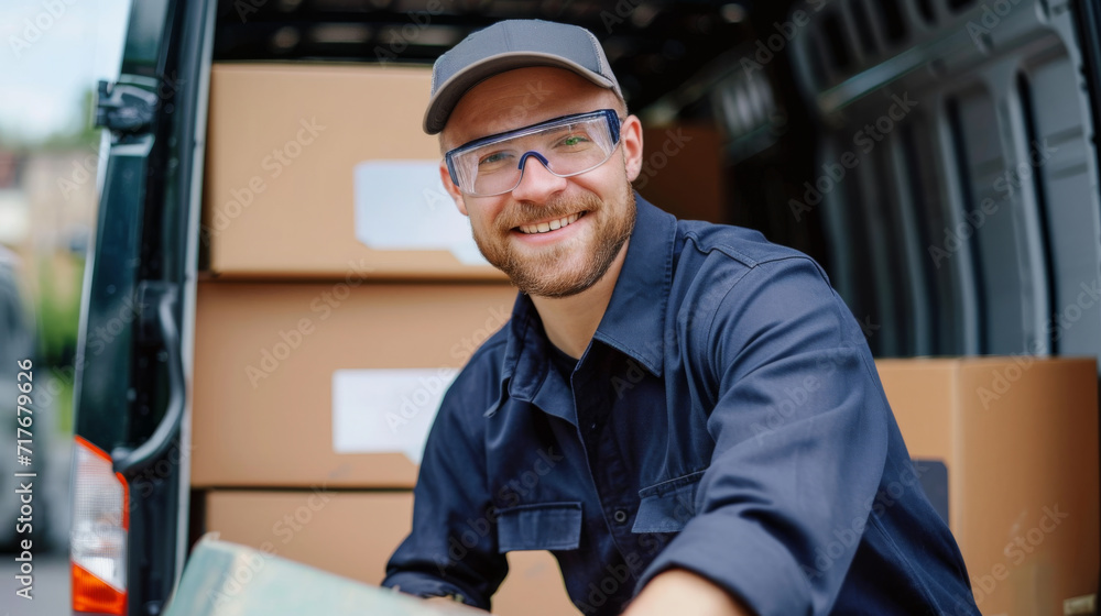 smiling delivery man in a blue uniform and safety goggles is handling ...