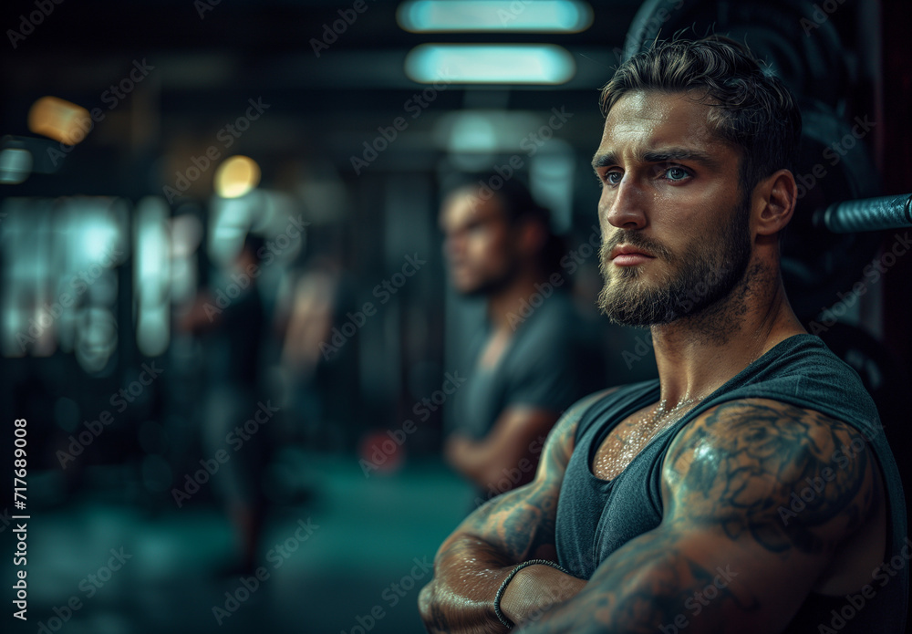 a gym page with Man and many different fitness workouts, in the style ...