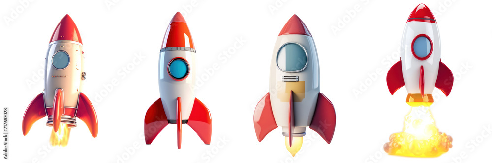 Set of 3D cartoon red and blue rocket launch in space Business startup ...