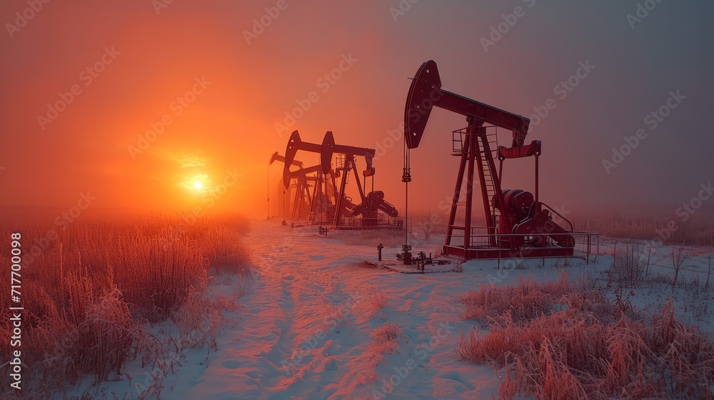 Amid the barren tundra, oil pumps tirelessly hoist crude oil, embodying ...