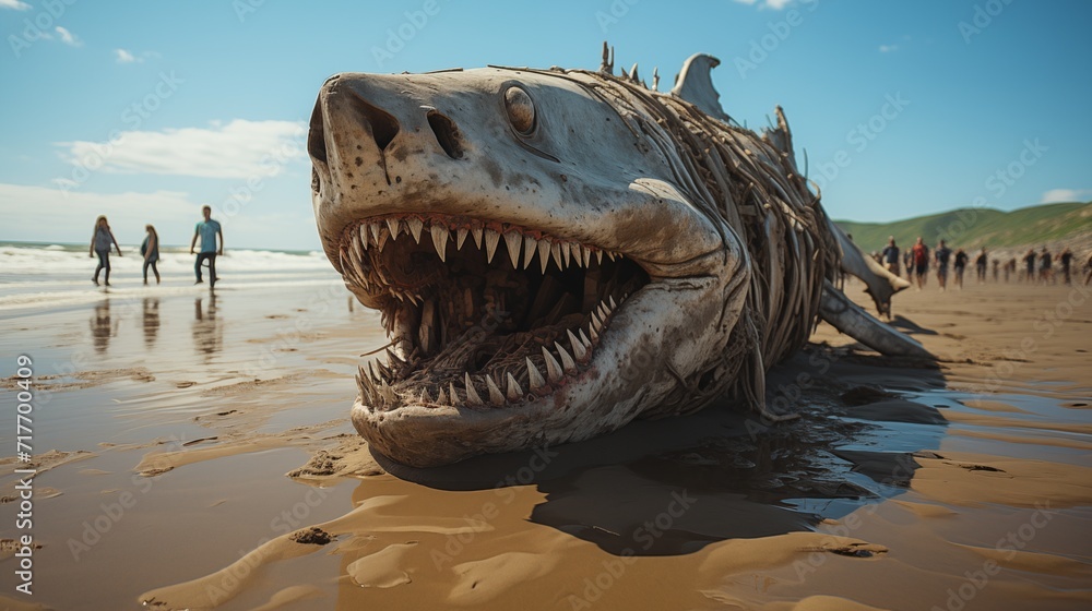 A massive Megalodon shark fossil on a seashore showcases enormous body ...