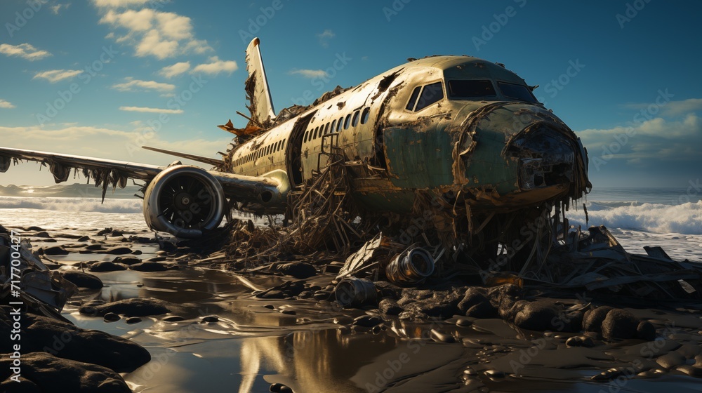 Aircraft Crash Site on Ocean's Edge, Remains of Small Plane's Fuselage and Wings Stock Photo ...