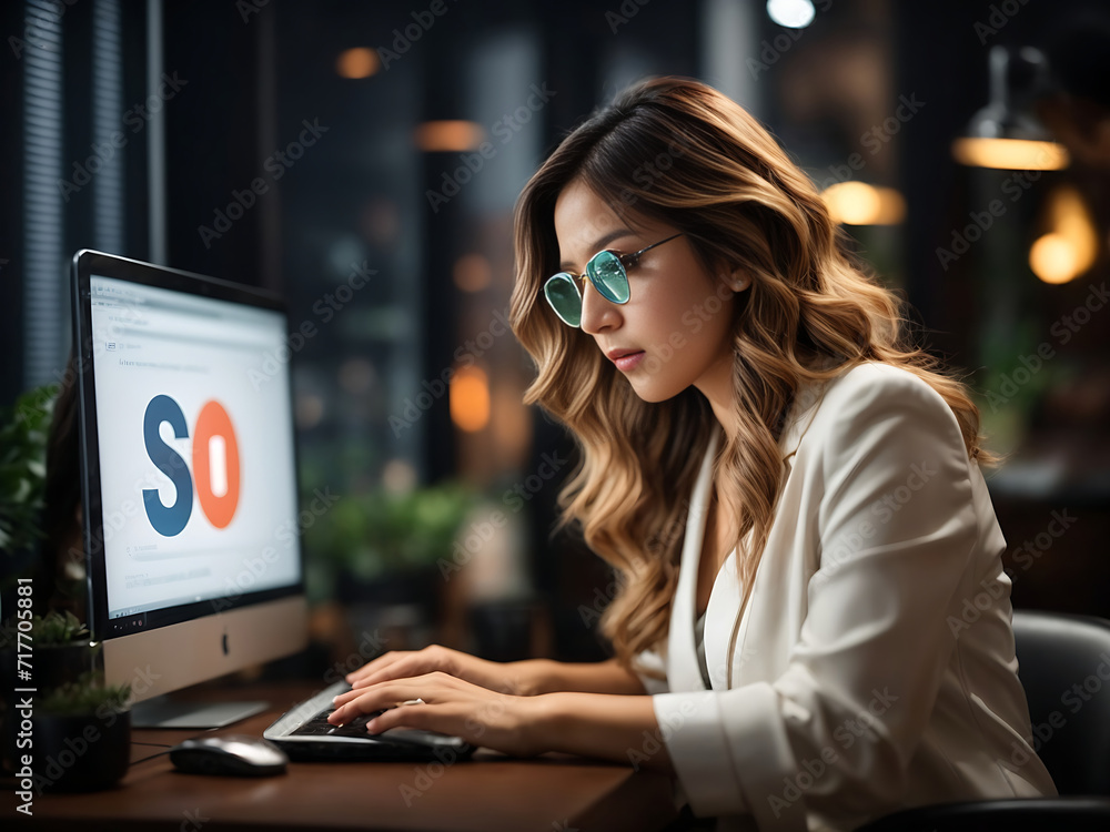 SEO Concept. Women use a computer with an SEO icon for analysis SEO ...