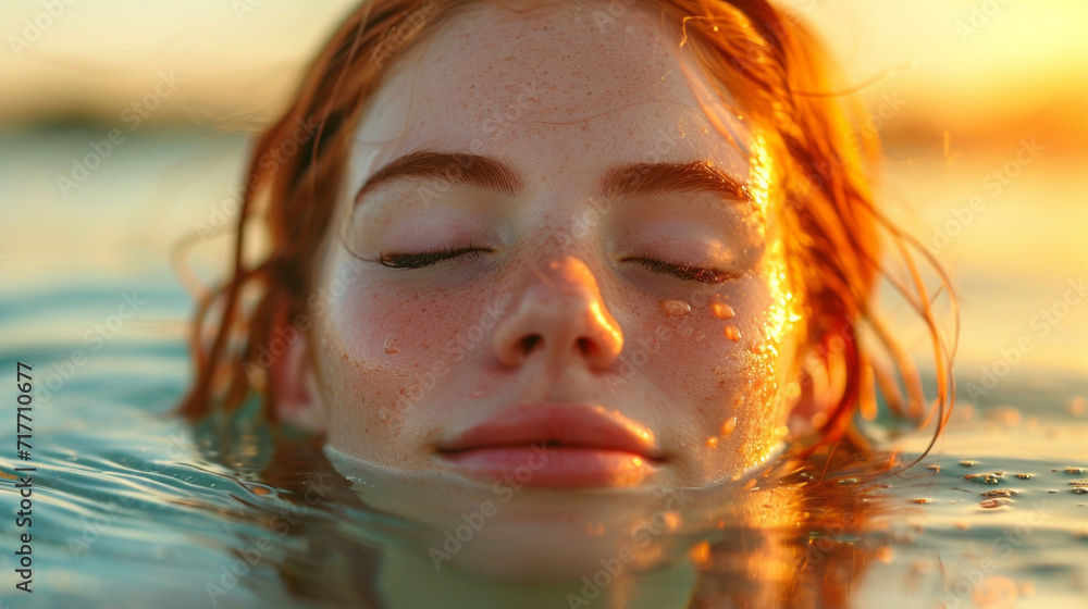 A woman with freckles and a smile is leisurely swimming in the liquid ...