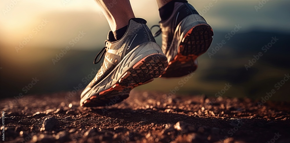 a runner's feet in shoes running down a hill, in the style of bokeh ...