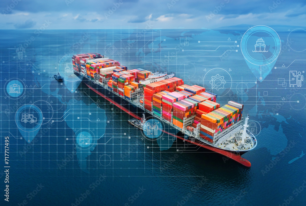 Double exposure of point of map global partnership ship cargo business ...