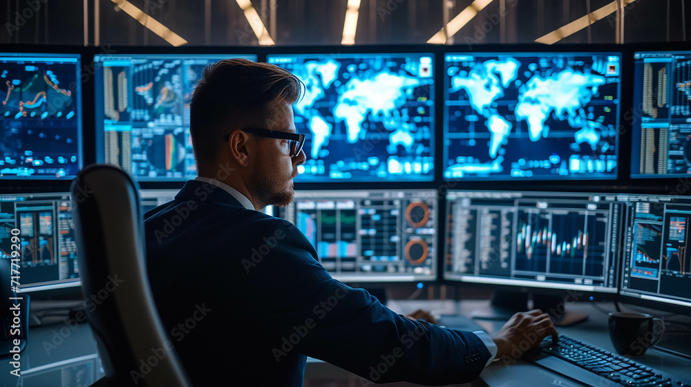 Professional Analyst Monitoring Data On Multiple Screens A Focused