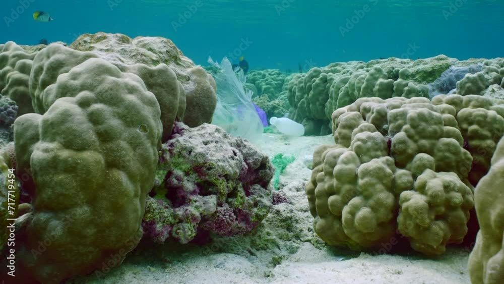 Vidéo Stock Close-up, Plastic pollution on beautiful shallow coral reef ...