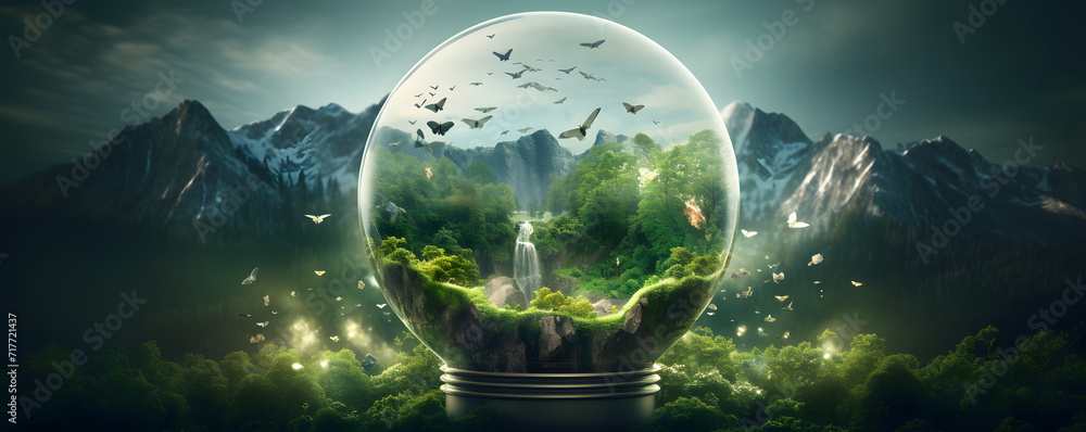 Green energy concept illustrating renewable and sustainable energy sources. An image of a green ...