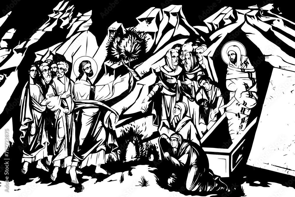 Traditional orthodox image of the Raising of Lazarus. Christian antique ...