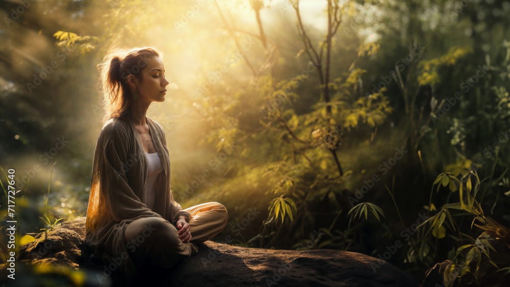 Tranquil scene of a young adult female meditating amidst nature ...