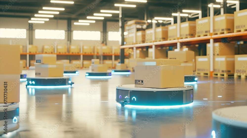 Generative AI : Future Technology 3D Concept: Automated Retail Warehouse AGV Robots with ...