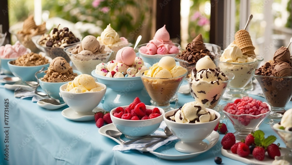 An ice cream buffet at a party, with a variety of flavors, toppings ...