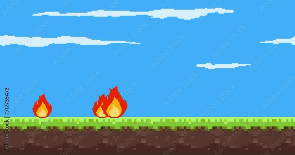 Animation of old style pixel game. Pixel art game background. Ground ...