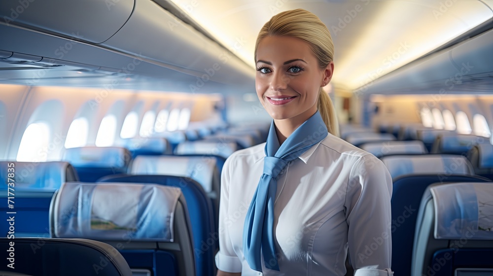 Smiling female flight attendant in airplane, embodying professional ...