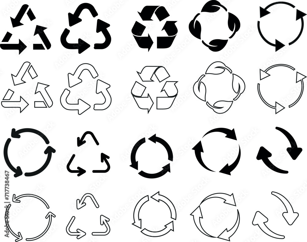 Recycling icons vector set, recycle icon outline symbols for environment-friendly waste ...