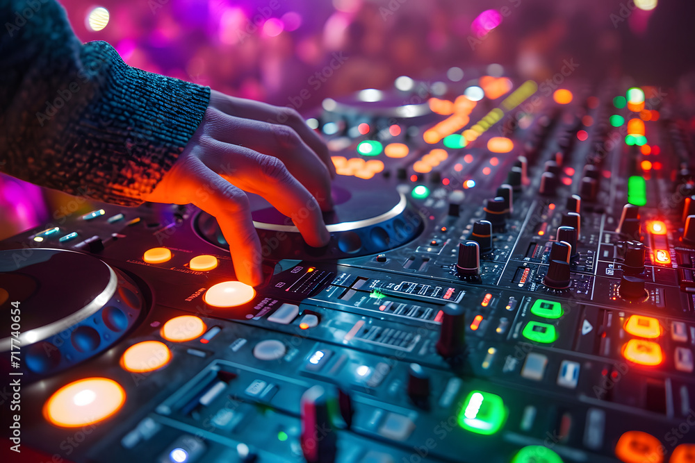 DJ's hand mixing tracks on a colorful, illuminated sound mixer at a ...