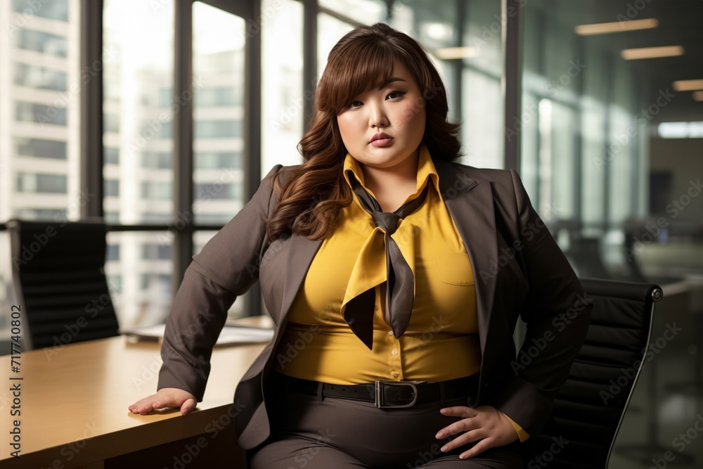 Japanese woman CEO sits in conference hall waiting for board meeting ...