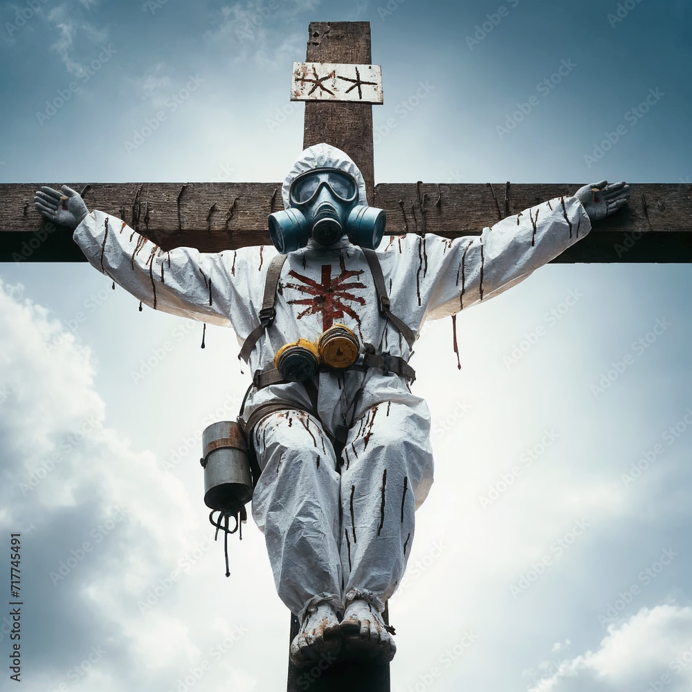 Jesus in a gas mask crucified on the cross Stock Illustration | Adobe Stock