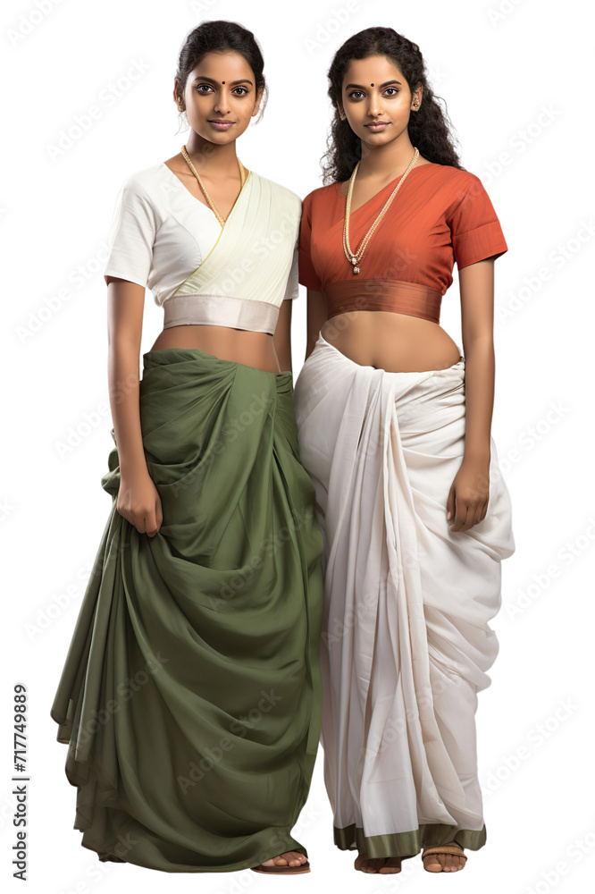 Full length view of Indian women in Mundum Neriyathum: Traditional ...