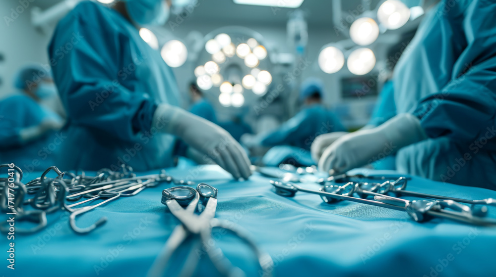 surgical scene with a focus on a surgeon's gloved hands selecting a ...