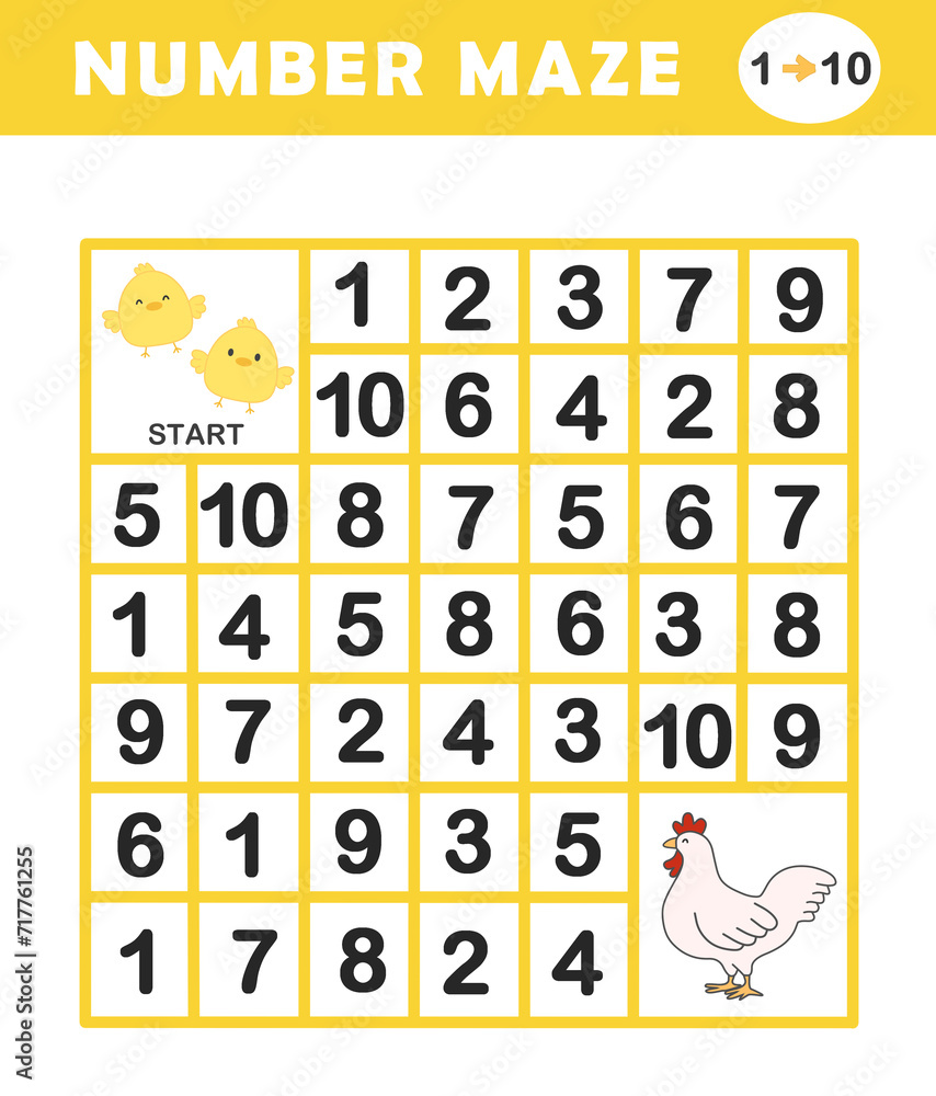 Number maze game for children with cute easter illustration. Worksheet ...