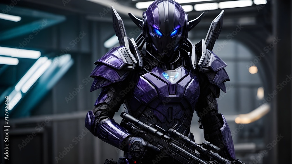 purple, and light blue high elf soldier robot, carrying a light machine ...