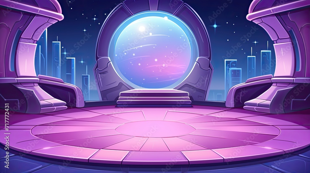 cartoon futuristic architecture, illuminated panels, and circular ...