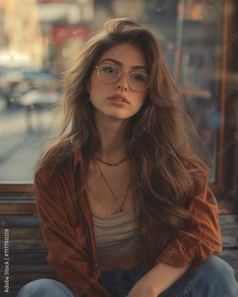 Lady with long brown hair sits on a window sill, gazing out onto the ...